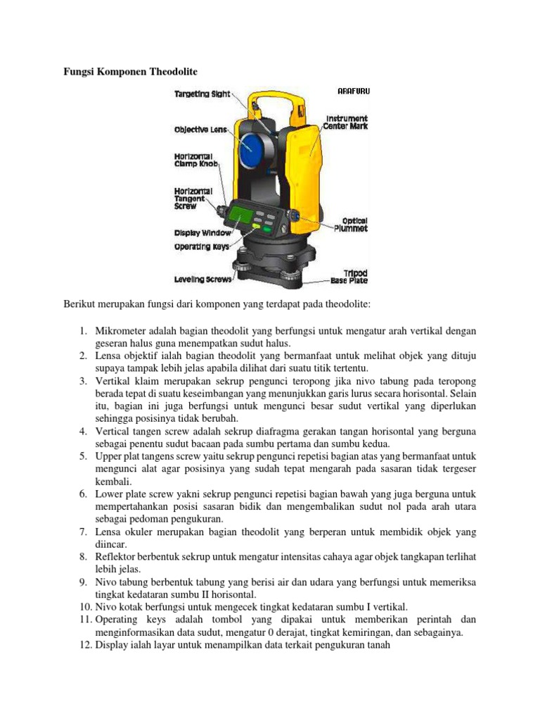 Fungsi dan Komponen Theodolite | PDF | Metode & Bahan Ajar