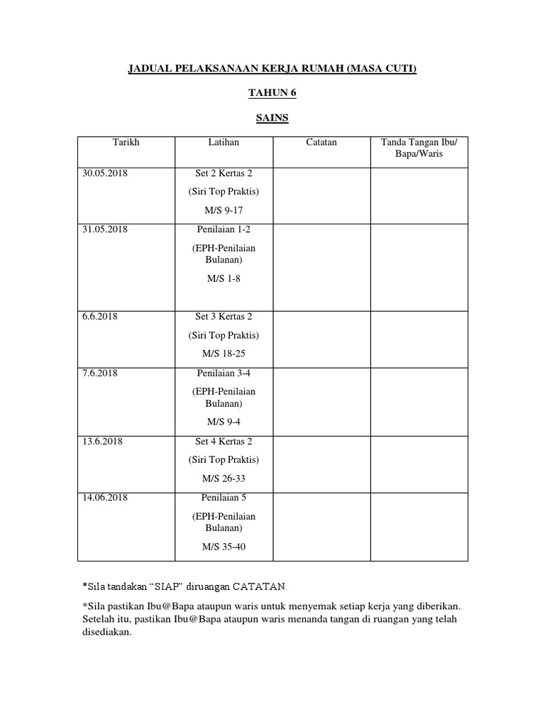 Jadual Pelaksanaan Kerja Rumah | PDF