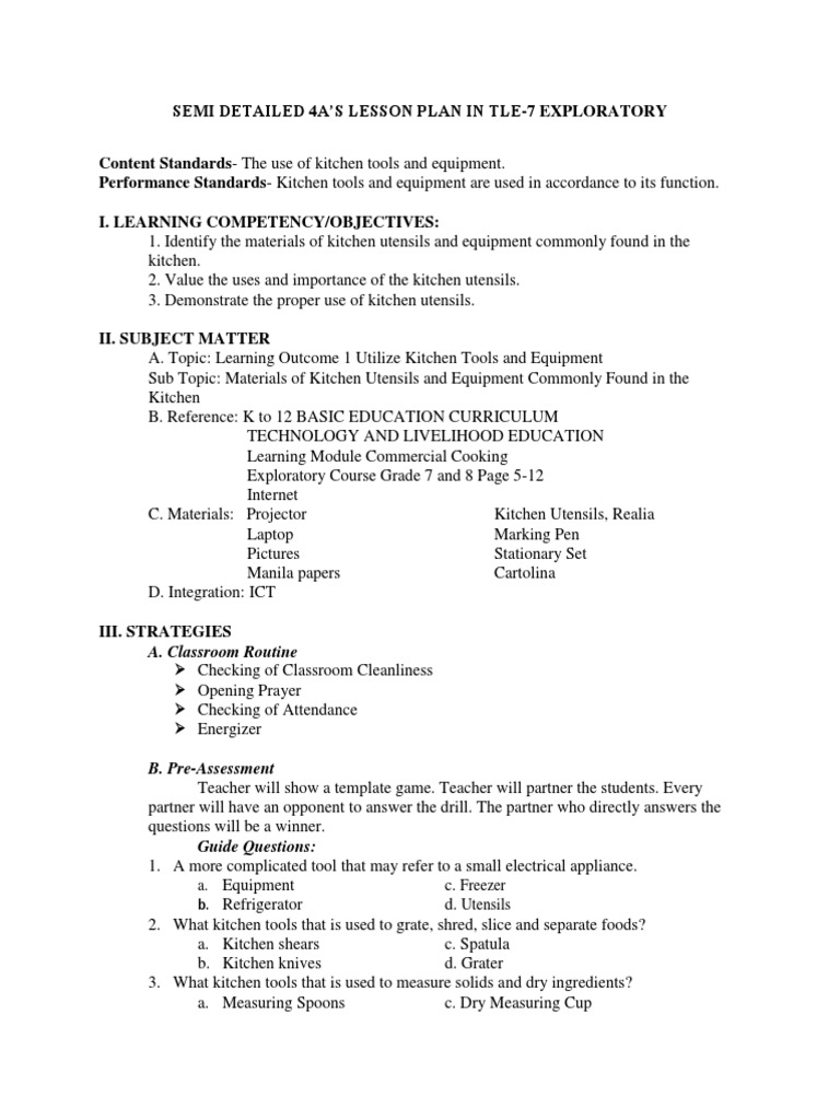 Semi Detailed 4a's Lesson Plan TLE COOKERY Demo | PDF | Kitchen Utensil ...