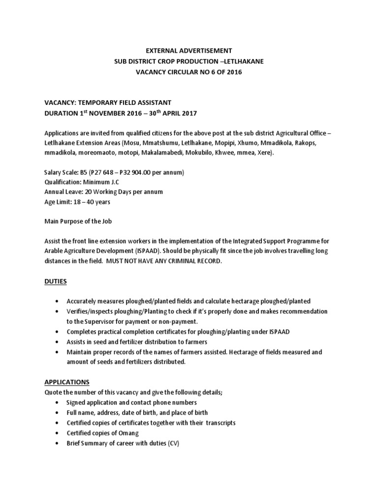 External Advertisement Sub District Crop Production - Letlhakane ...