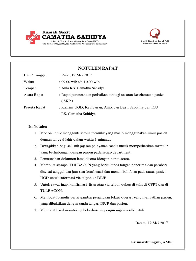 Rapat Strategi Keselamatan Pasien RS Camatha | PDF