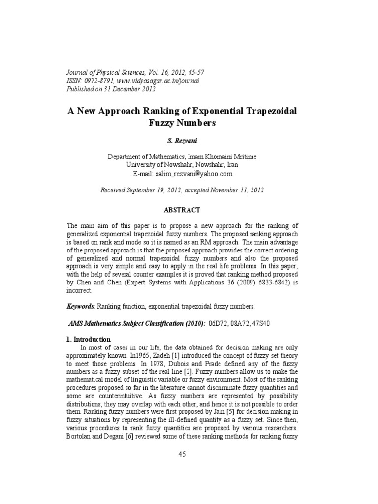 A New Approach Ranking of Exponential Trapezoidal Fuzzy Numbers | PDF ...
