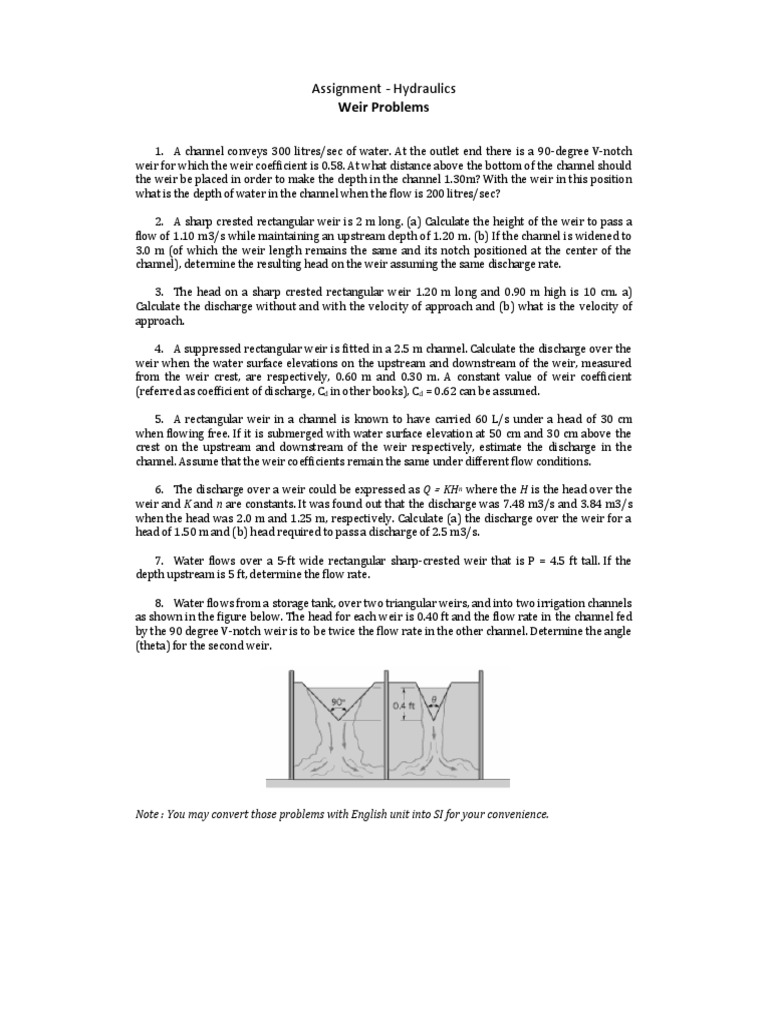 Assignment - Hydraulics: Weir Problems | PDF | Fluid Dynamics | Chemical Engineering