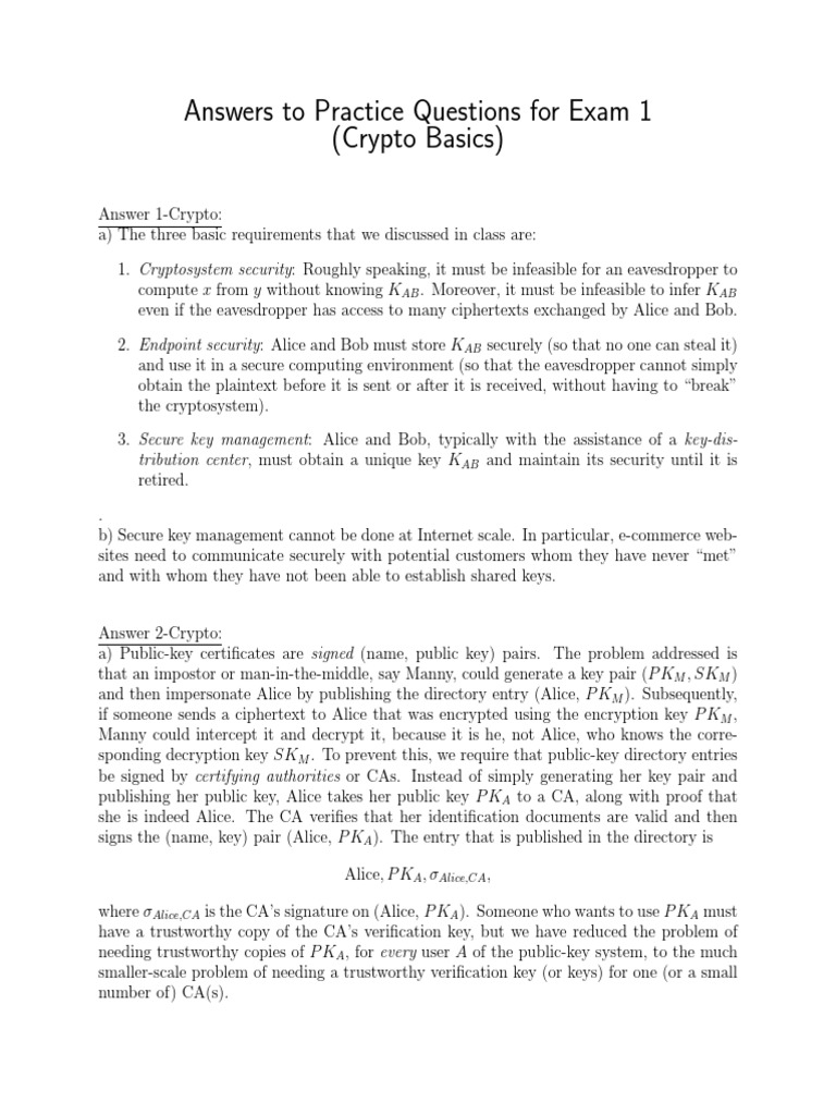 Answers To Practice Questions For Exam 1 (Crypto Basics) : AB AB | PDF ...