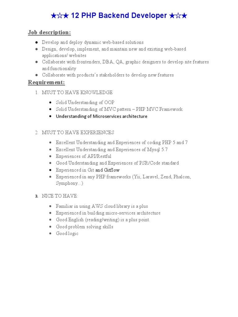 Backend Dev - JD - Seldat | PDF