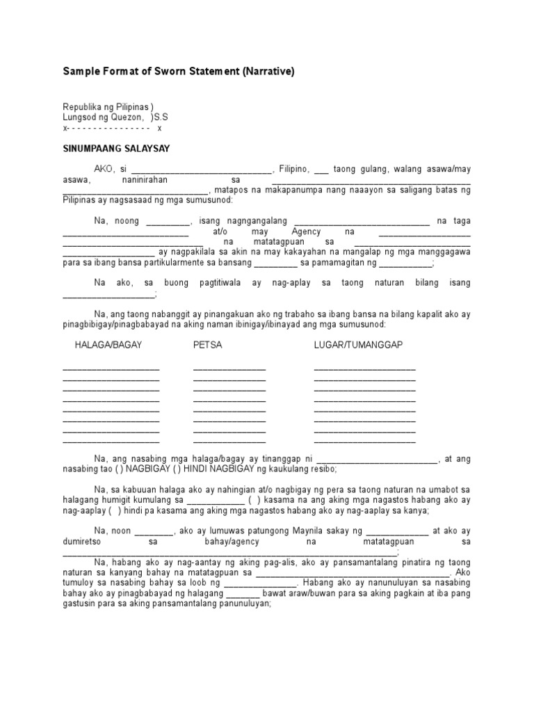 Sample Format Sworn Statement (Narrative) | PDF