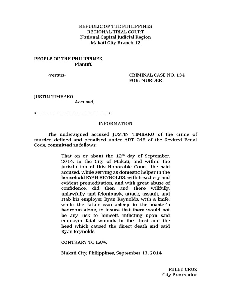 Sample Information On Murder | PDF | Prosecutor | Murder