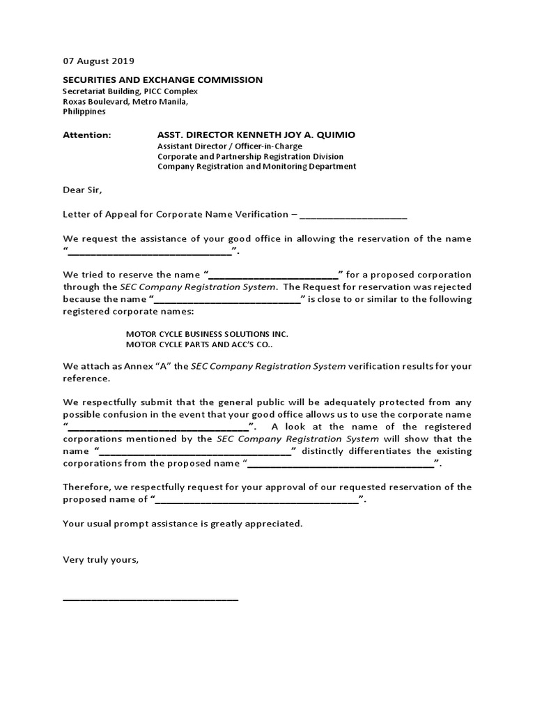 Letter of Appeal SEC