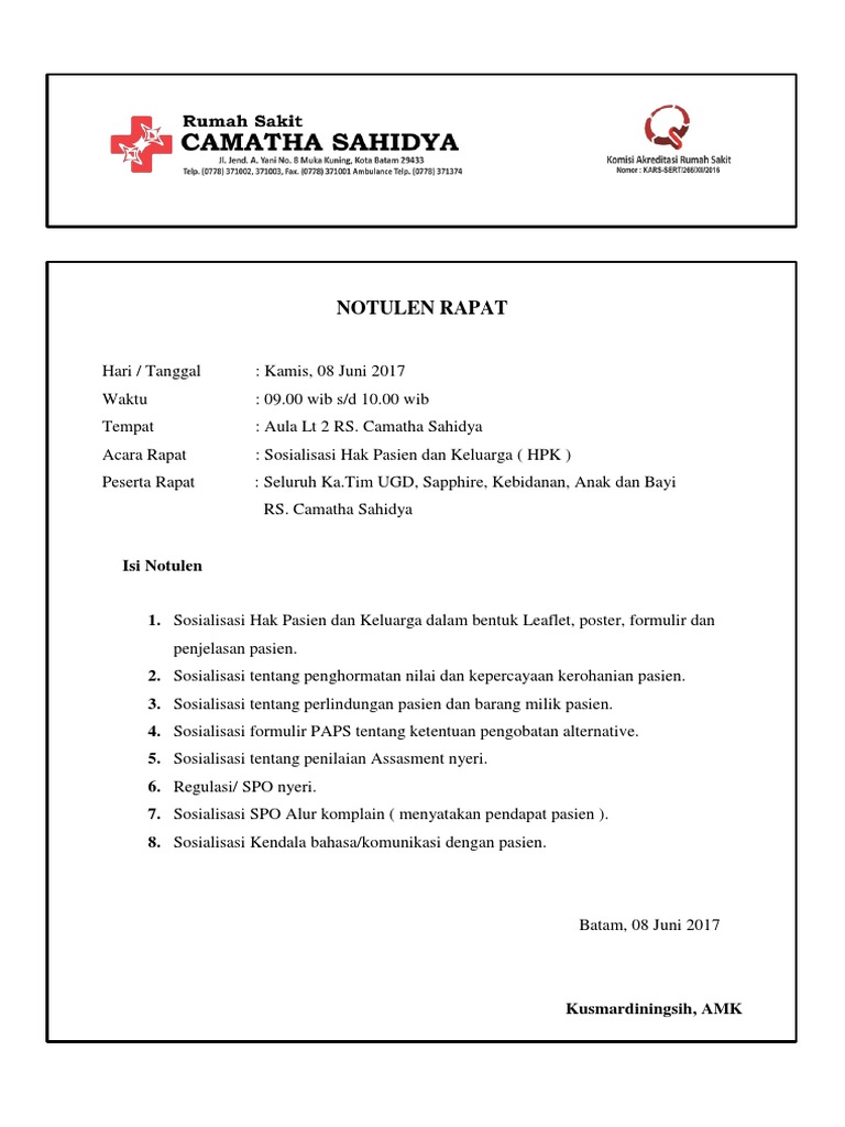 Notulen Rapat HKP Katim | PDF