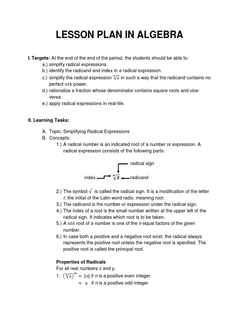 2 Lesson Plan in Algebra | PDF | Fraction (Mathematics) | Numbers