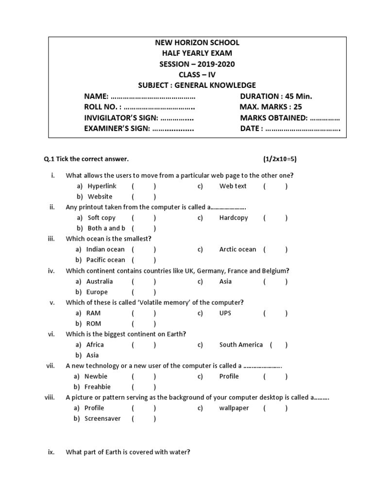 GK Paper Halfyeary Class 4 | PDF | Nature