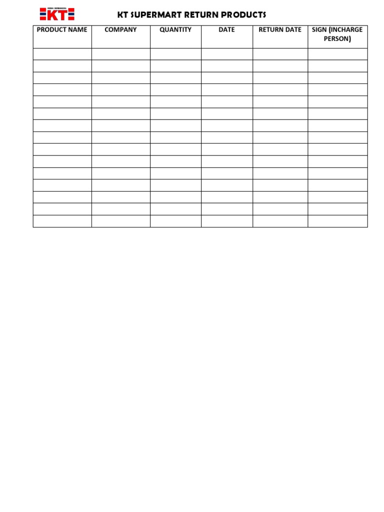 KT Supermart Return Products: Product Name Company Quantity Date Return ...