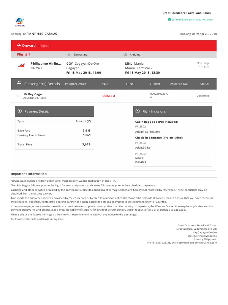 Great Outdoors Travel and Tours Flight Booking Confirmation | PDF ...