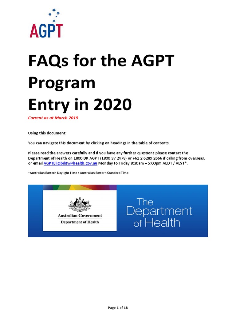 Faqs For The Agpt Program Entry in 2020: Current As at March 2019 ...
