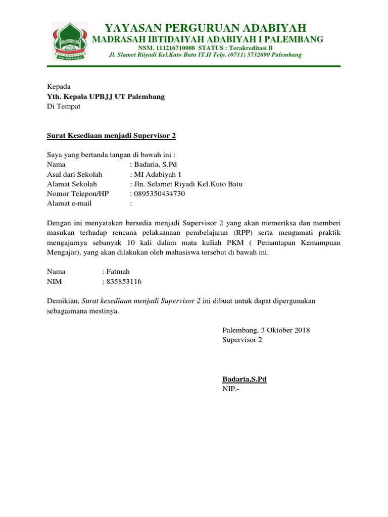 Surat Kesediaan Supervisor MI Adabiyah | PDF