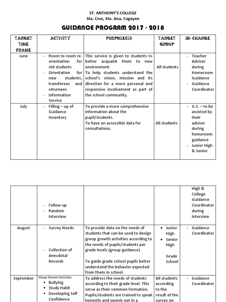 Guidance Program Plan for St. Anthony's College School Year 2017-2018 ...