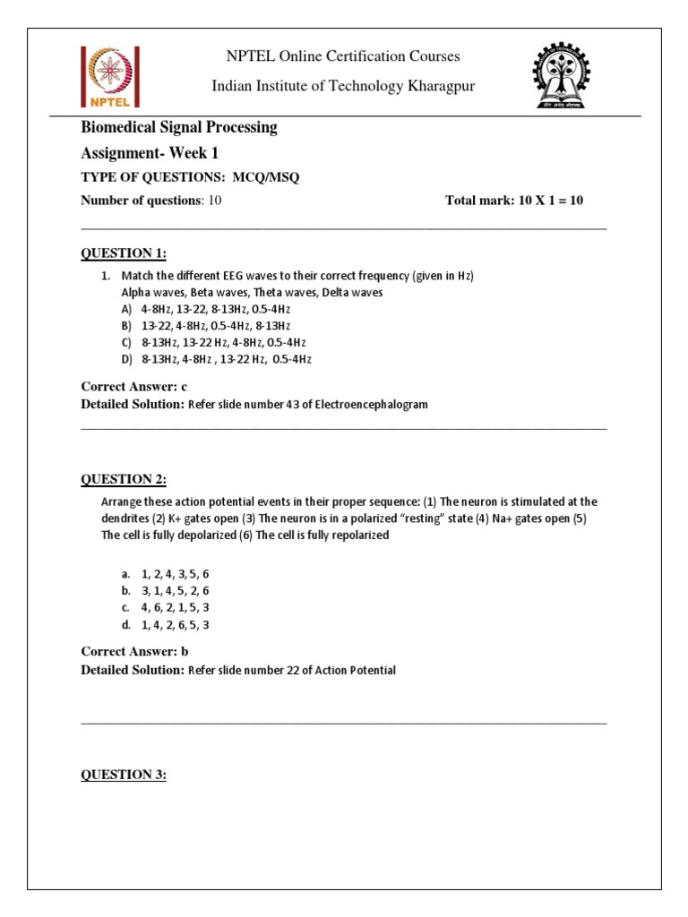 NOC19-EE23 Assignment Week01 v0.1 | PDF | Electroencephalography | Action Potential