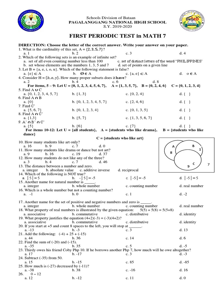 First Periodic Test in Math 7: Pagalanggang National High School | PDF ...