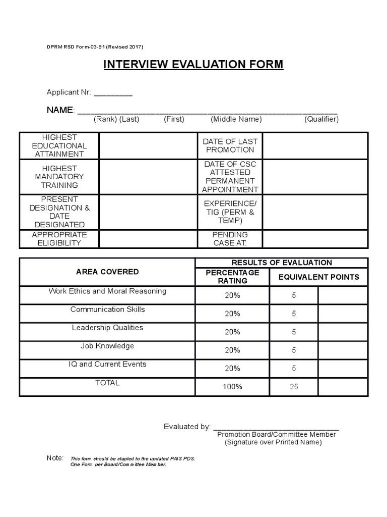 Interview Evaluation Form: Area Covered Results of Evaluation ...