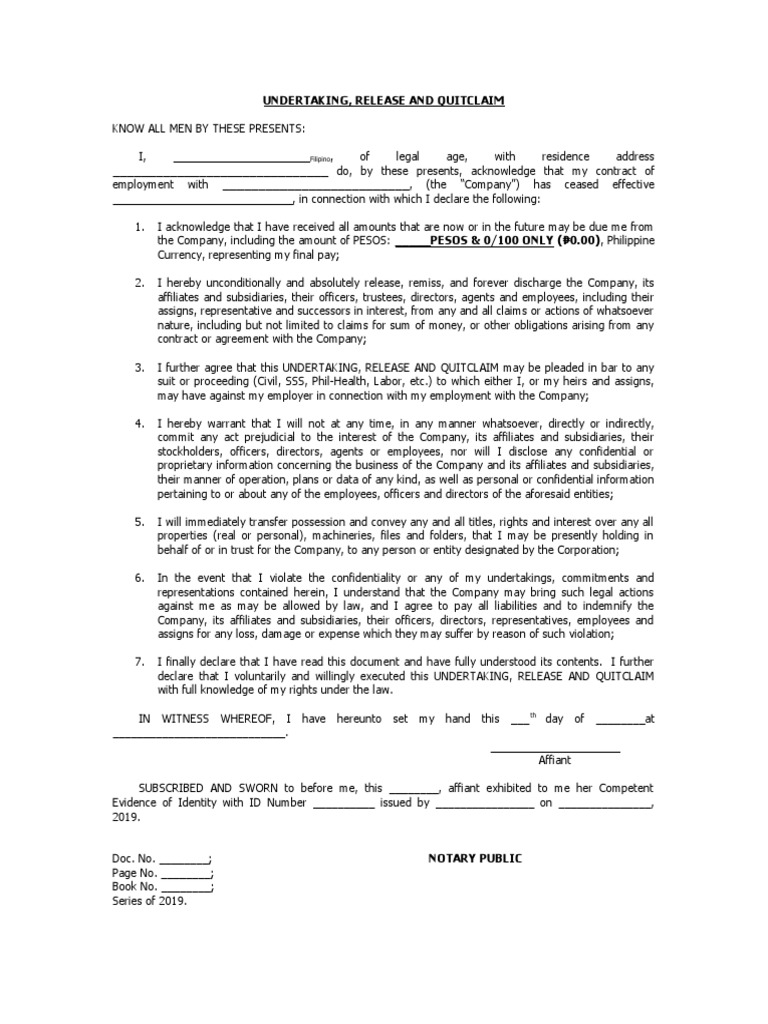 Undertaking, Release and Quitclaim: Filipino | PDF | Employment | Private Law