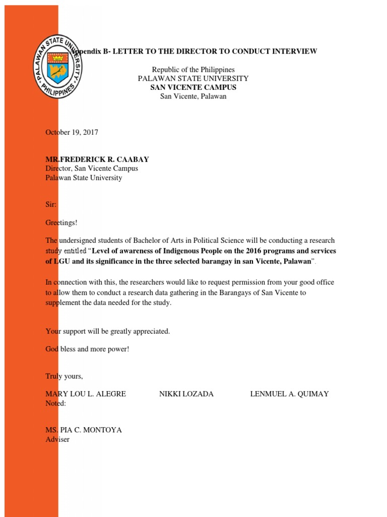Appendix B-Letter To The Director To Conduct Interview | PDF | Bachelor ...