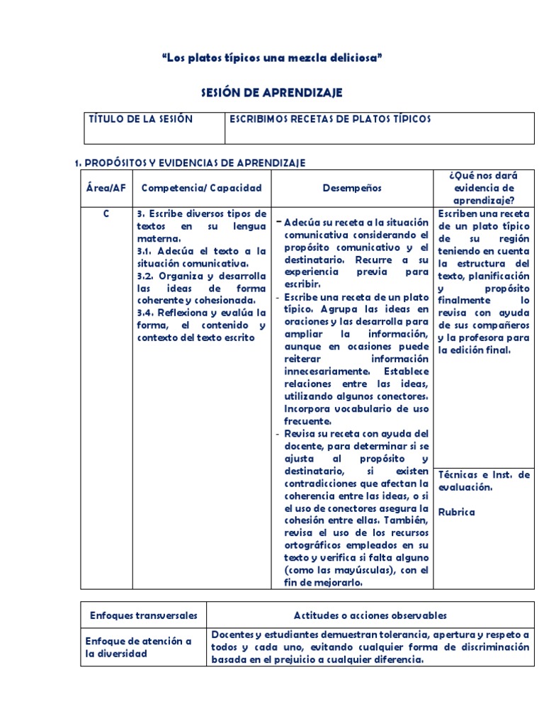 Sesiones de Aprendizaje Escritura de Una Receta | PDF | Planificación ...
