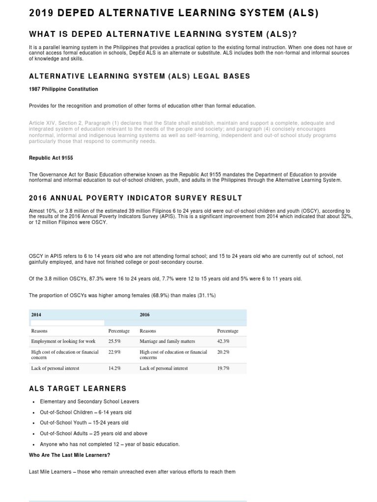 DEPED ALTERNATIVE LEARNING SYSTEM (ALS) EXPLAINED | PDF | Literacy ...