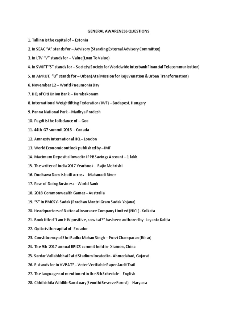 General Awareness Questions | PDF | Banking | Banks