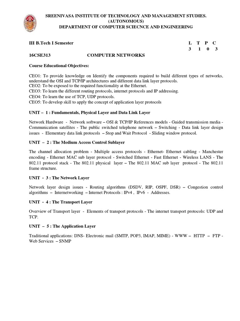 III B.Tech I Semester L T P C 3 1 0 3 16CSE313 Computer Networks | PDF ...