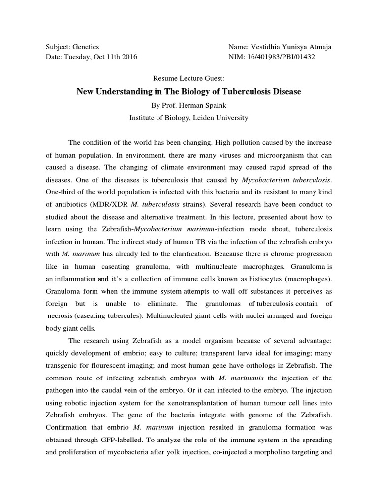 Zebrafish Model for Tuberculosis Research | PDF | Tuberculosis ...