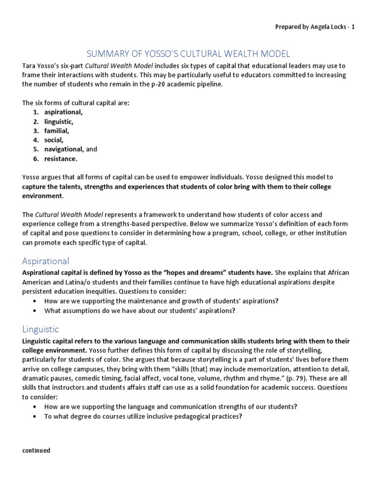 Understanding and Leveraging Students' Cultural Wealth: A Summary and ...