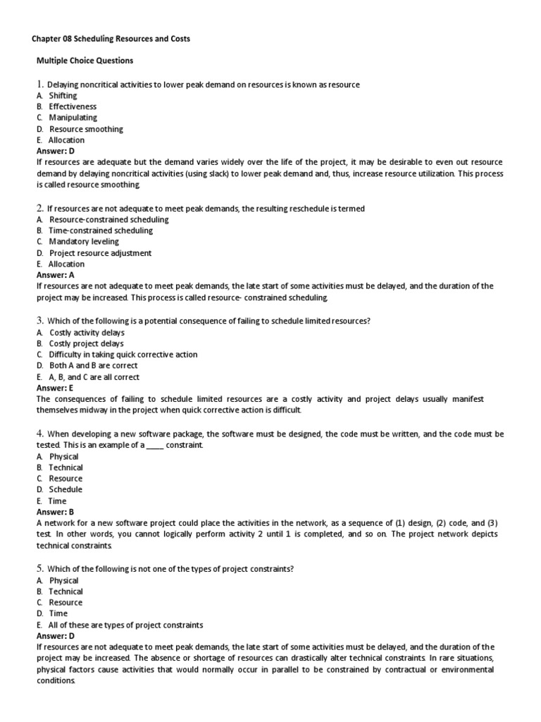 Scheduling Resources and Costs Multiple Choice Questions | PDF ...