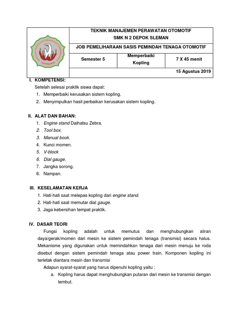 Job Sheet Perbaikan Sistem Kopling | PDF