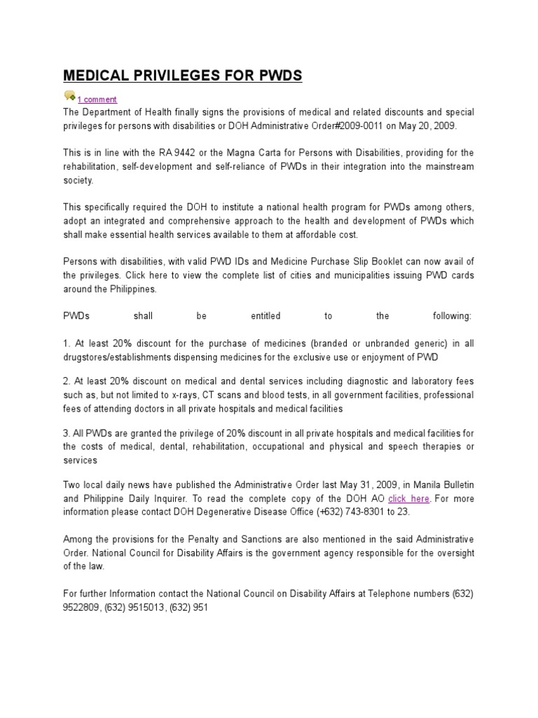 Medical Privileges For Pwds | PDF