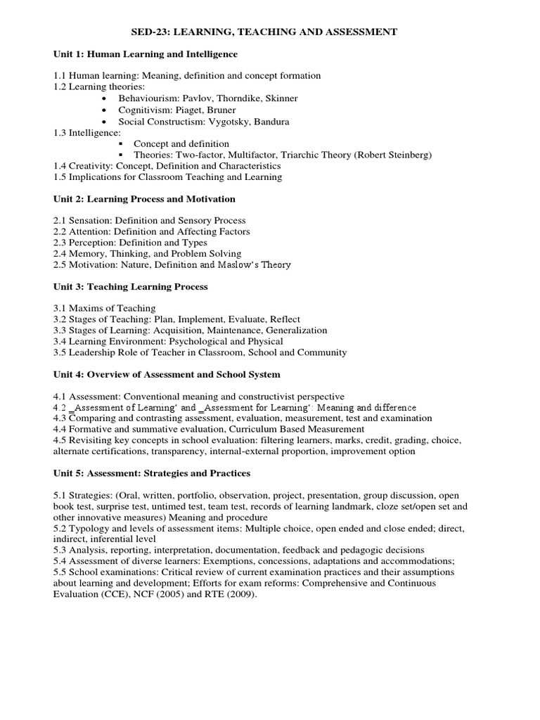 Sed-23: Learning, Teaching and Assessment | PDF | Educational ...