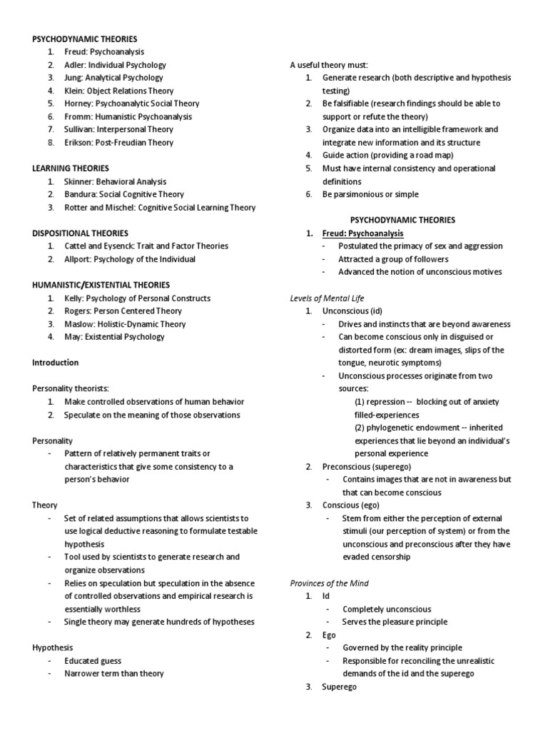 Theories of Personality Summary | PDF | Personality Psychology | Id