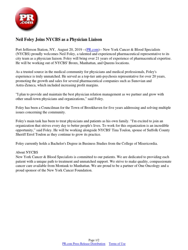Neil Foley Joins NYCBS As A Physician Liaison | PDF | Physician | Manhattan