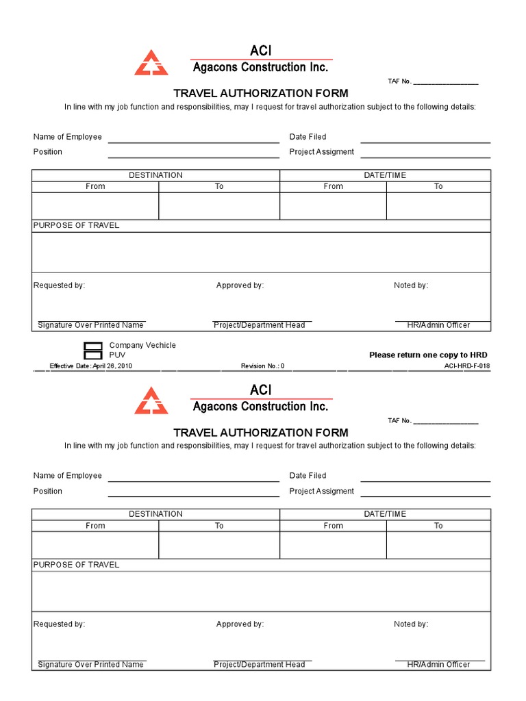 ACI HRD F 018 Travel Authorization Form | PDF | Business