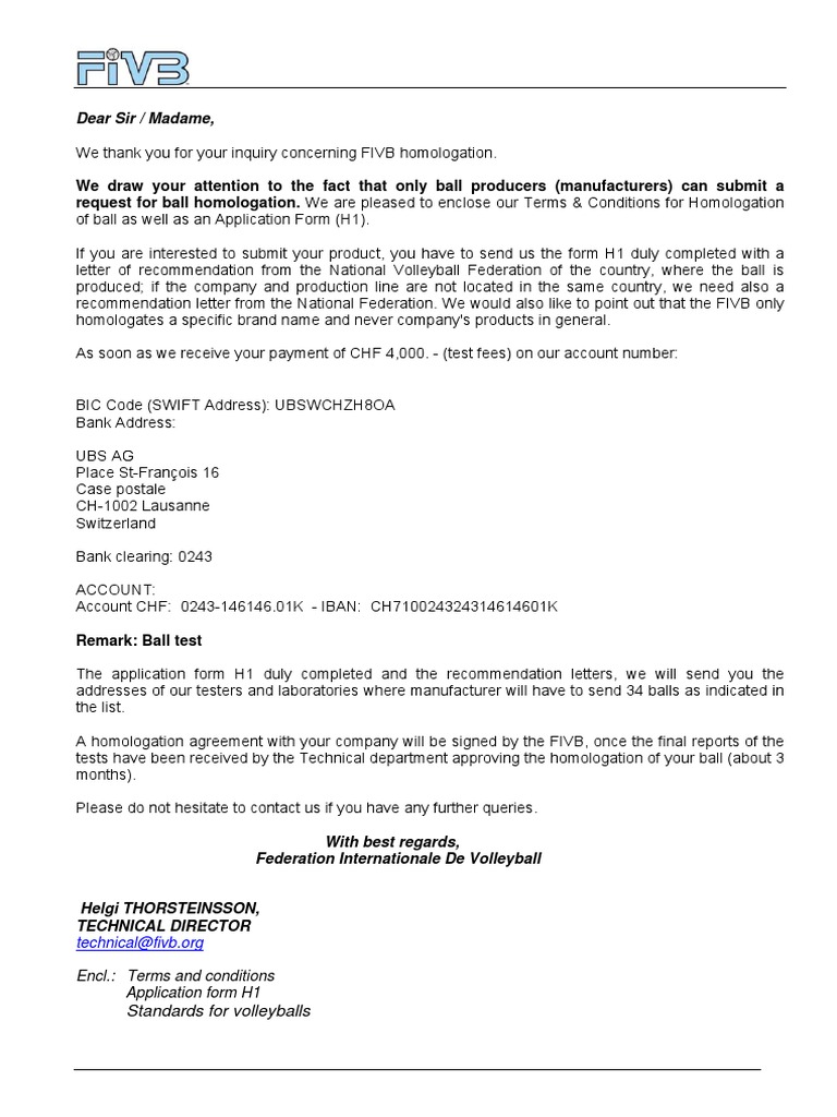 FIVB Volleyball Homologation Procedures PDF | PDF | Swiss Franc ...