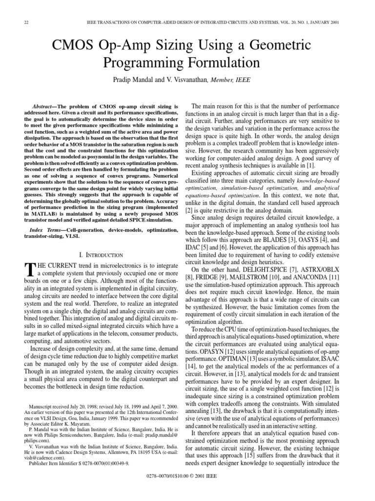 CMOS Op-Amp Sizing Using A Geometric Programming Formulation | PDF | Operational Amplifier ...