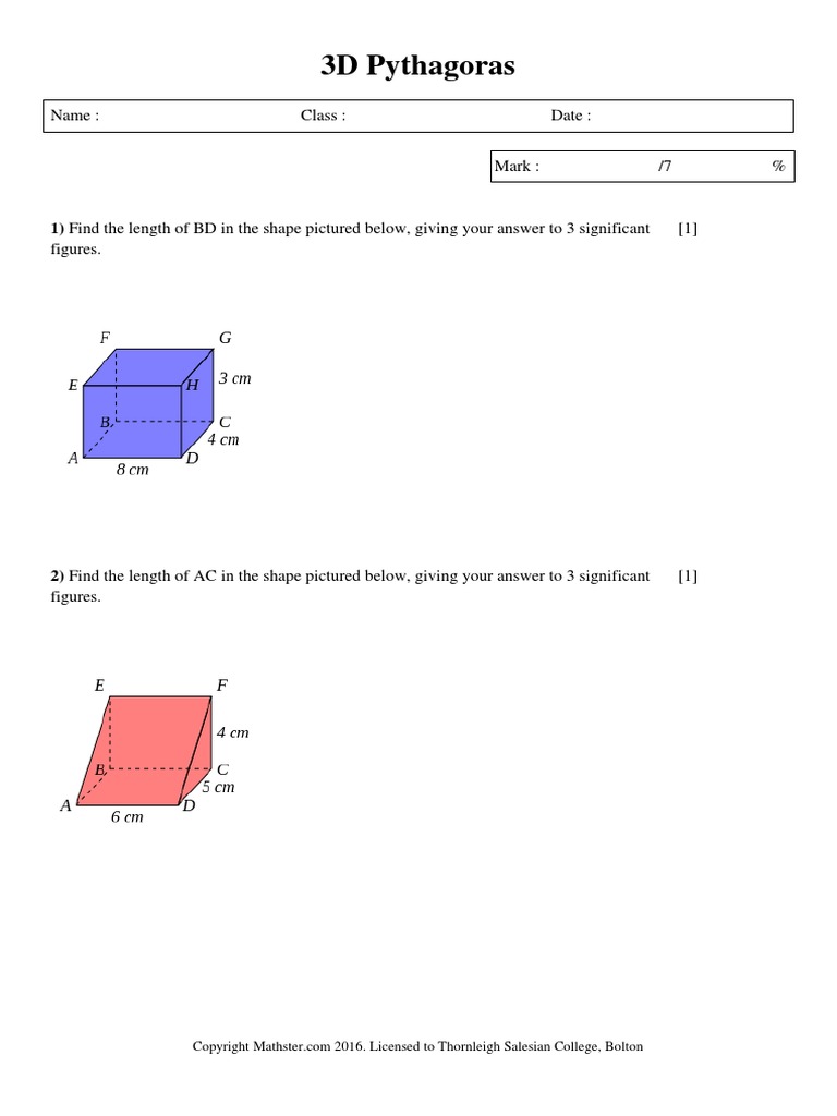 Pythagoras 3d Worksheet New | PDF