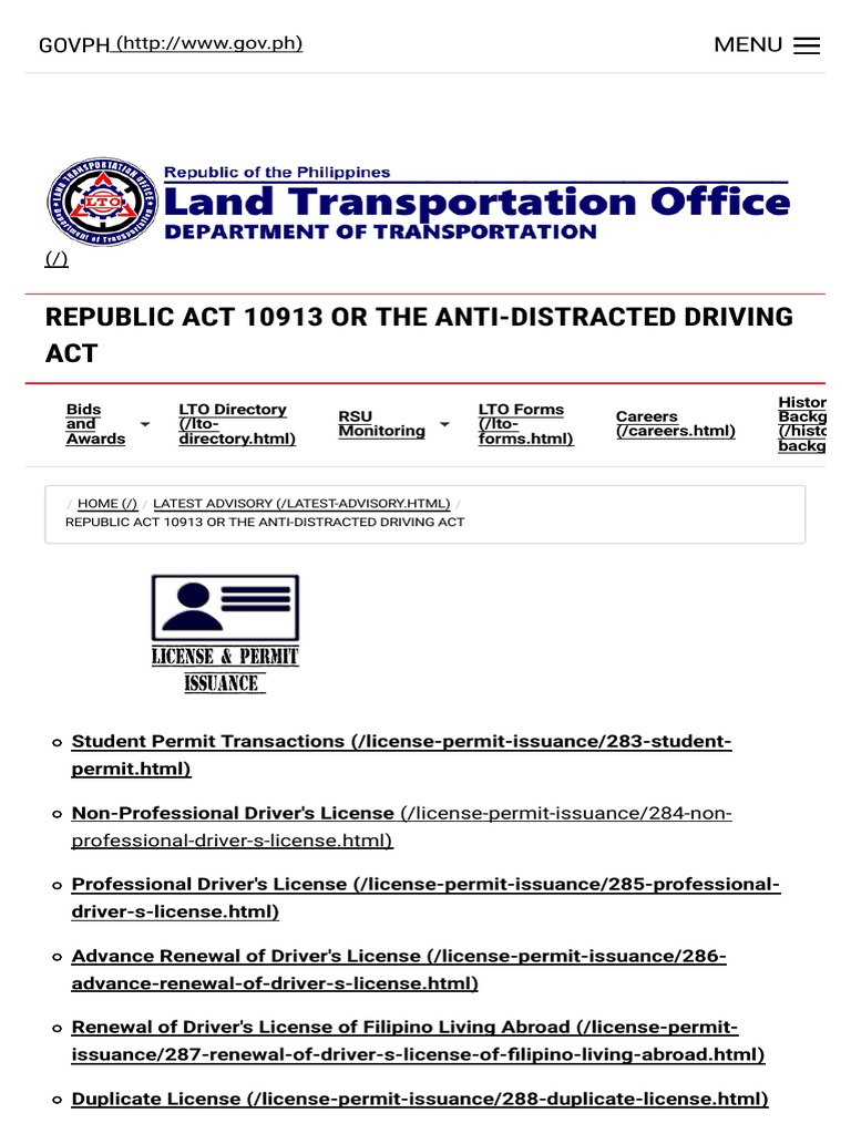 Republic Act 10913 or The Anti-Distracted Driving ACT: Govph Menu | PDF ...