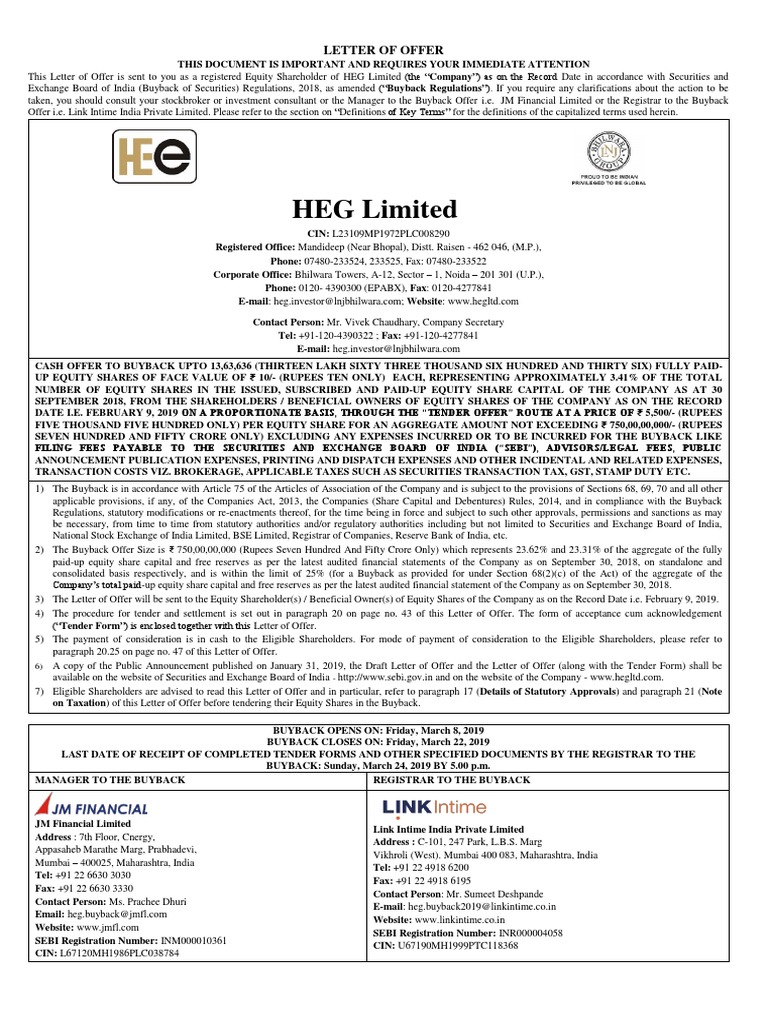 Letter of Offer HEG Limited | PDF | Share Repurchase | Stocks