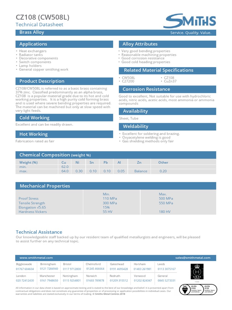 CZ108 (CW508L) : Technical Datasheet | PDF | Brass | Copper