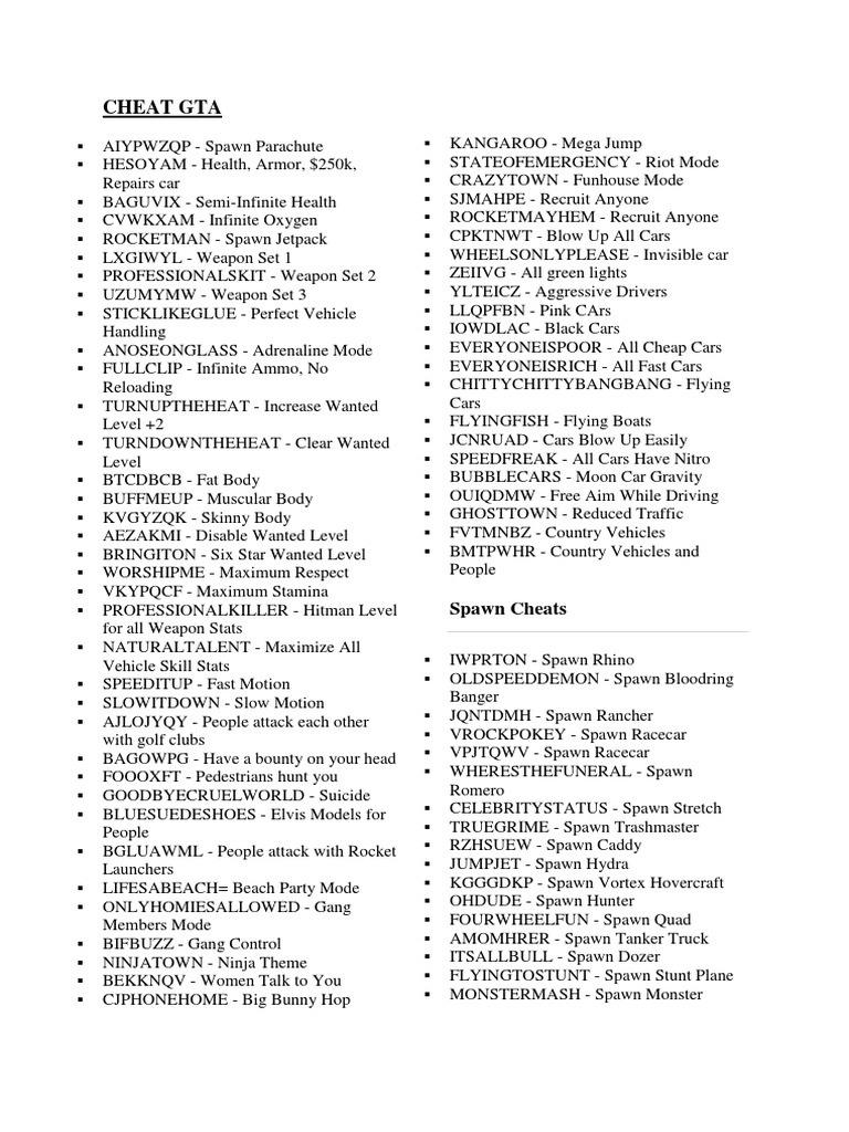 Cheat Gta San Andreas PC | PDF | Vehicles | Leisure