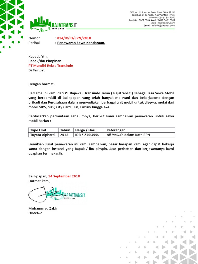 RAJATRANSIT - SURAT PENAWARAN SEWA MOBIL - Alphard | PDF | Pengelolaan Keuangan & Uang