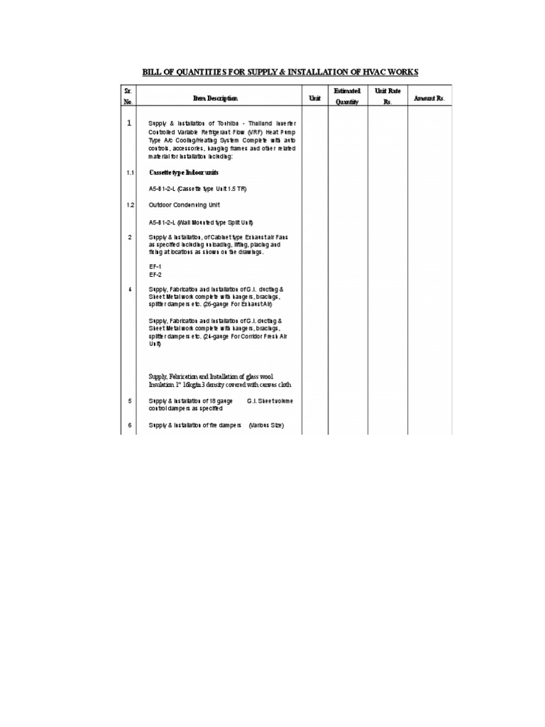 Bill of Quantities For Supply & Installation of Hvac Works | PDF ...