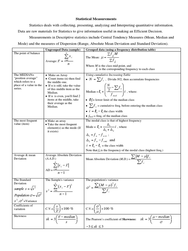 Statistical Measurements in a Nutshell | PDF | Median | Mode (Statistics)