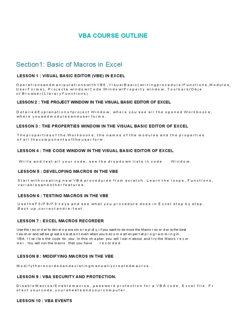 Section1: Basic of Macros in Excel: Vba Course Outline | PDF | Visual Basic For Applications ...