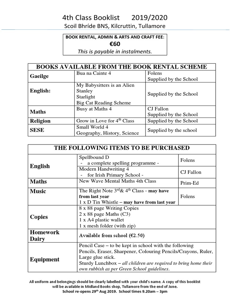 4th Class Book List 2019 To 2020 | PDF | Stationery